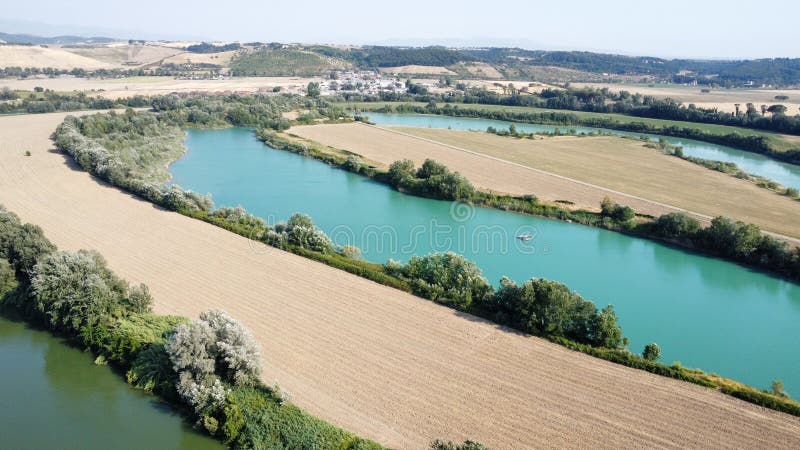 River between Fields with Trees Stock Image - Image of serene, stream ...