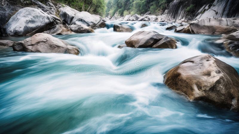 A River Flowing between Two Large Rocks in a Forest Area Stock ...