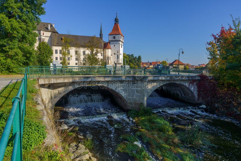 River Flowing Under the Bridge on Background of the Blatna Castle ...