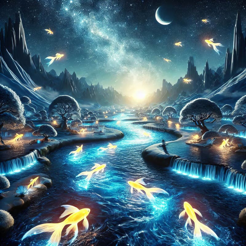 A River that Flows through the Air with Glowing Fish Swimming in Stock ...