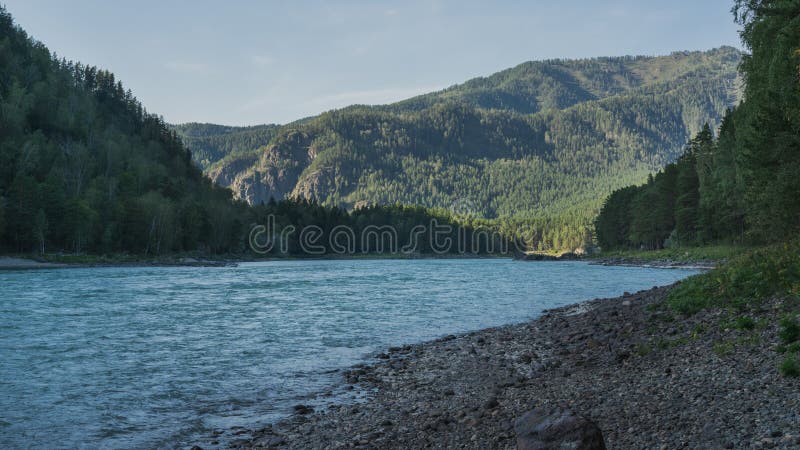 River Flows Along the Shoreline Pebbled Against the Backdrop of ...