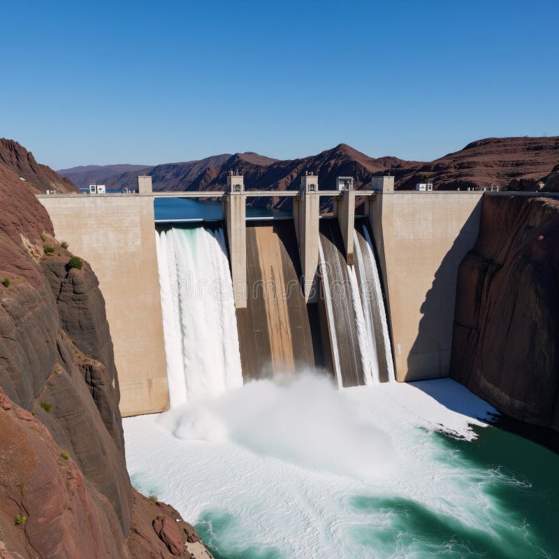 River Flows Beneath a Towering Dam Structure Stock Illustration ...
