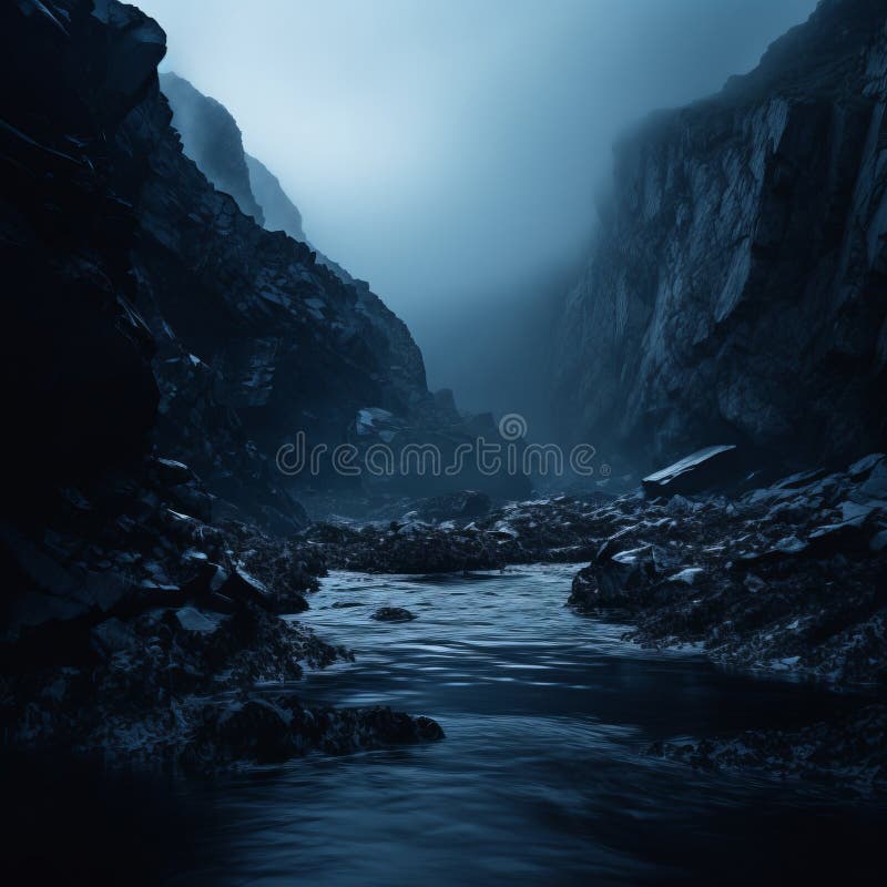 A River Flows through a Dark Canyon at Night Stock Illustration ...