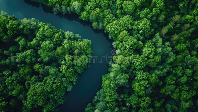 A River Flows through a Dense Green Forest with Terrestrial Plants and ...