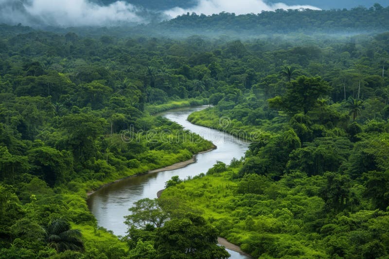 A River Flows through a Dense and Vibrant Green Forest, Surrounded by ...