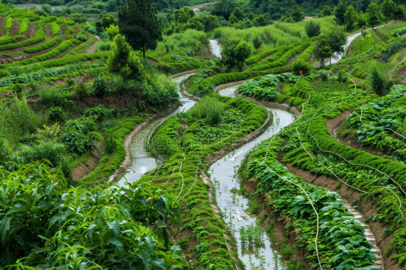 A River Flows through a Field of Growing Vegetables, with an Intricate ...