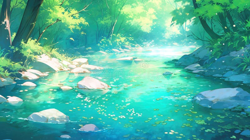 A River Flows through a Forest, Anime Manga Wallpaper Artwork Stock ...