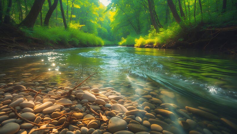 Serene Forest Stream: Crystal Clear Water Flowing Over Smooth River ...