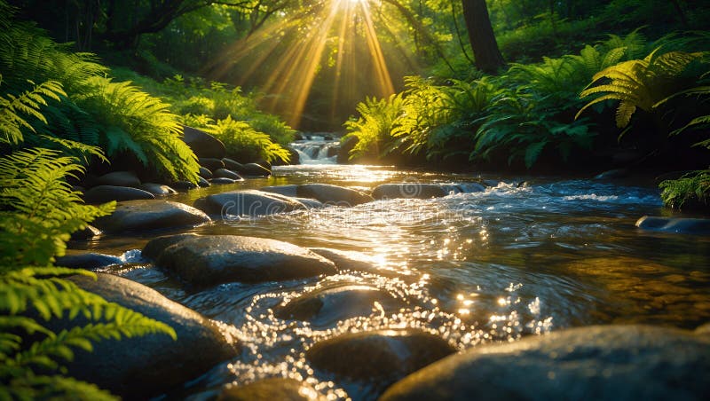 Serene Sunlight Streaming through Forest Canopy Illuminating Calm Creek ...