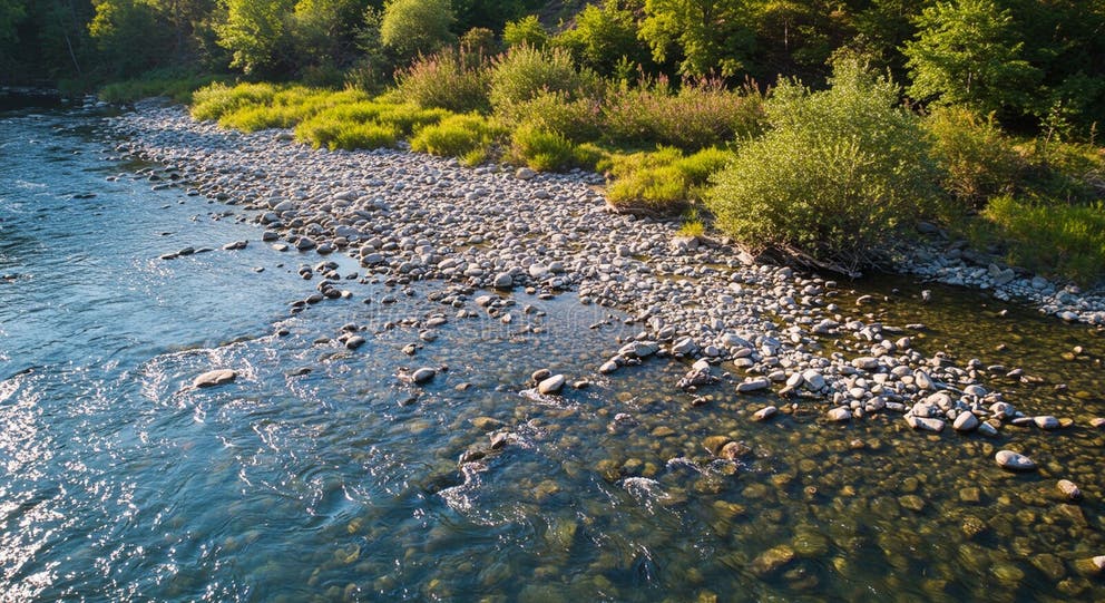 A River Flows Gently Over a Rocky Bed Lined with Smooth Pebbles of ...