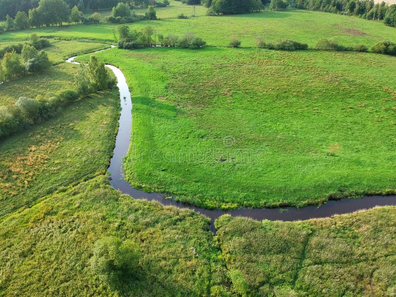 River Flows through the Green Meadow with Trees, Aerial View Stock ...
