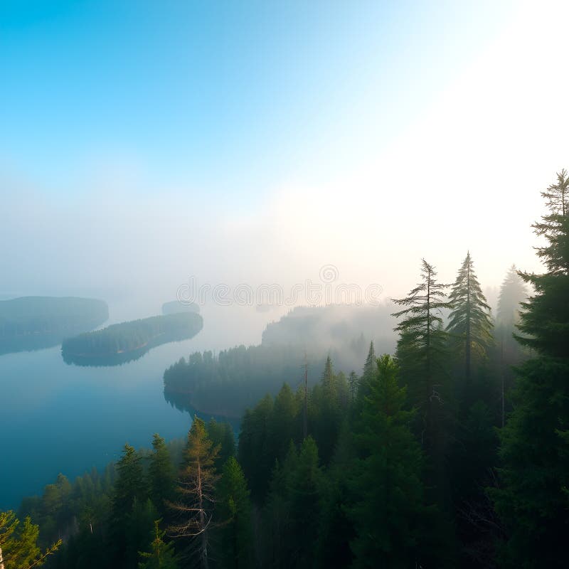 The River Flows through the Heart of the Forest, Surrounded by a Misty ...