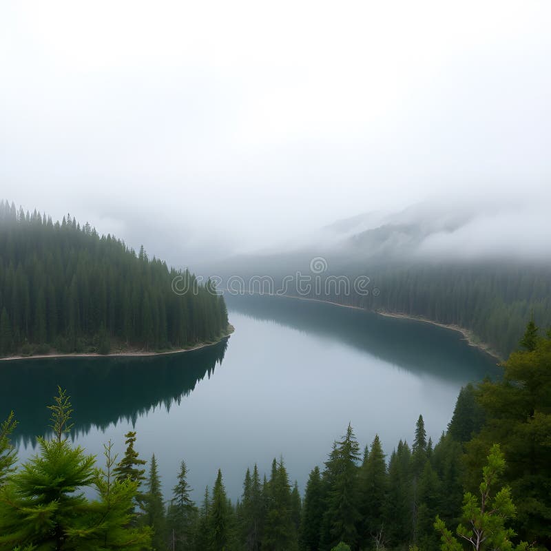 The River Flows through the Heart of the Forest, Surrounded by a Misty ...