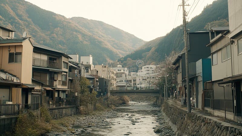 River Flows through Japanese Mountain Town, Autumn Stock Photo - Image ...