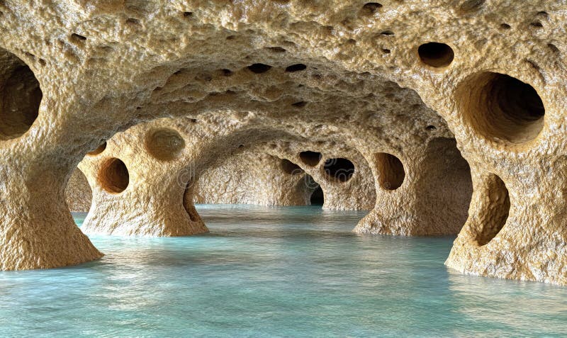 A River Flows through a Large Cave Landscape, Depicted in Digital ...