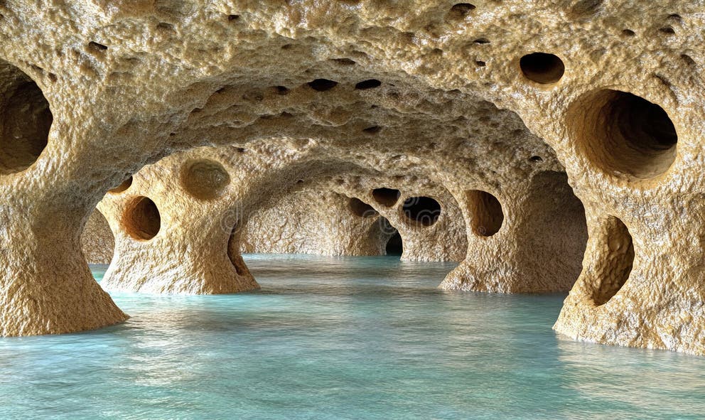 A River Flows through a Large Cave Landscape, Depicted in Digital ...