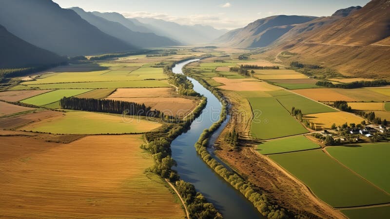 Aerial View of River and Wheat Fields in Whistlerian Style Stock ...