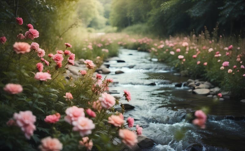 A River in Forest with Beautiful Blooming Flowers Stock Illustration ...
