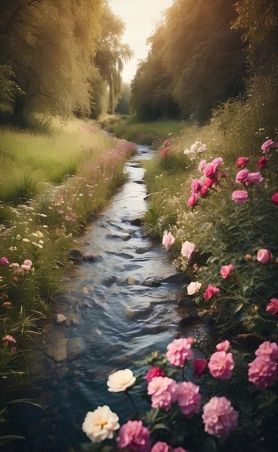 A River in Forest with Beautiful Blooming Flowers Stock Illustration ...
