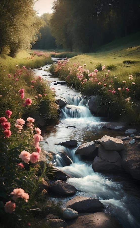 A River in Forest with Beautiful Blooming Flowers Stock Illustration ...