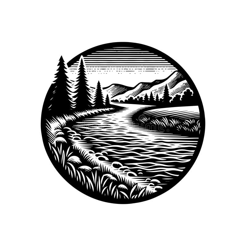 River Front View Vintage Logo Rustic Illustration Vector Icon. Stock ...