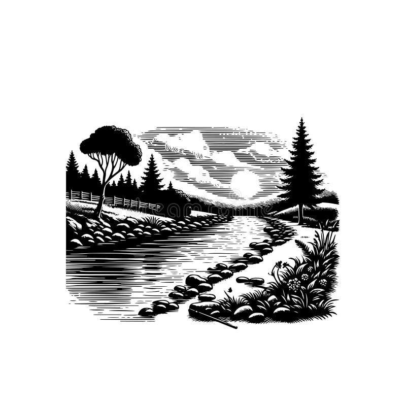 River Front View Vintage Logo Rustic Vector Illustration. Stock Vector ...