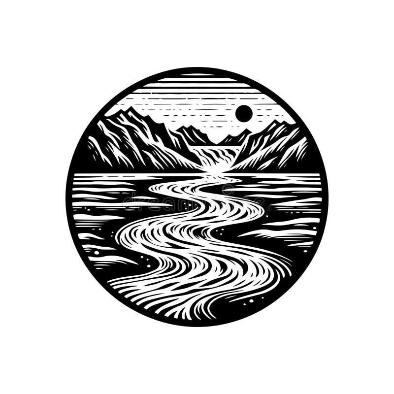 River Front View Vintage Logo Rustic Illustration Vector Icon. Stock ...