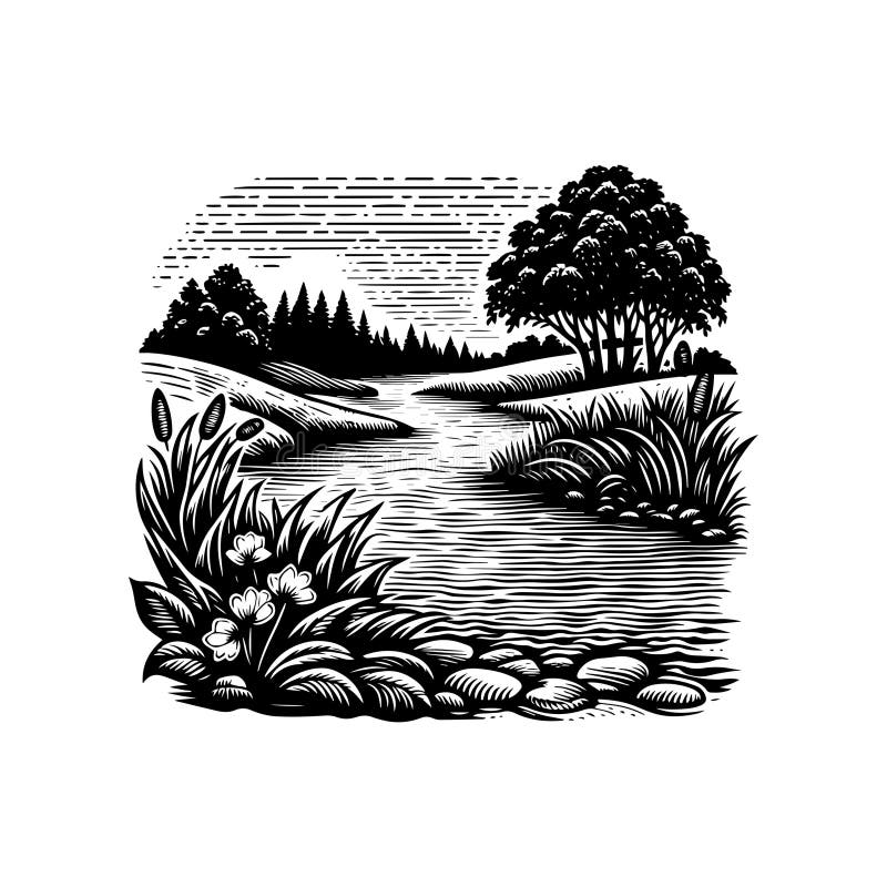 River Front View Vintage Logo Rustic Illustration Vector Icon. Stock ...