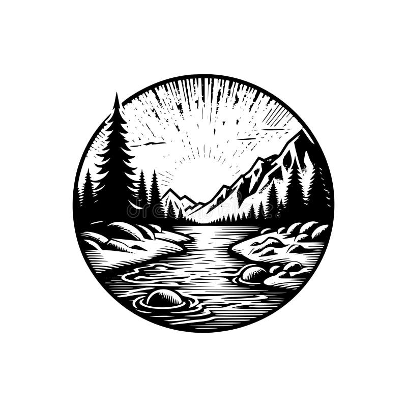 River Front View Vintage Logo Rustic Vector Illustration. Stock Vector ...