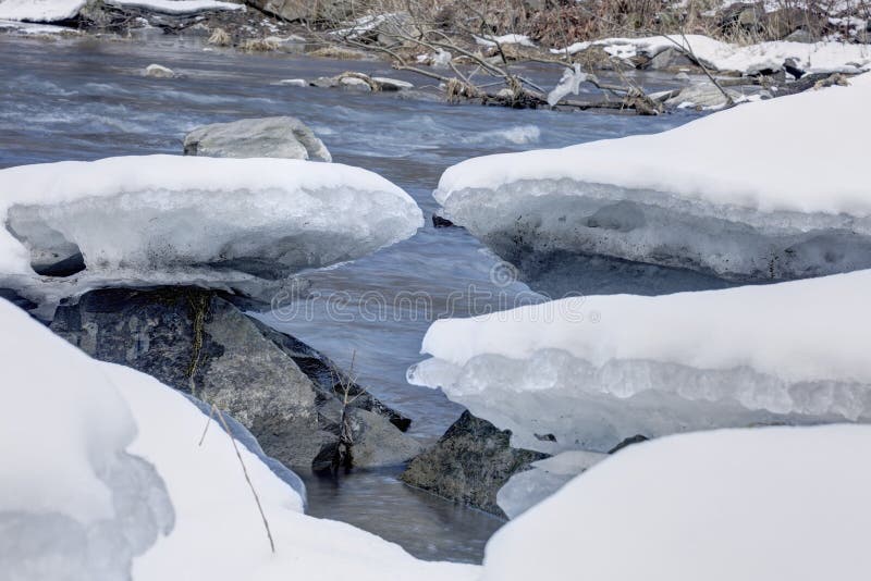 River with Frozen Ice Blocks and Snow on Its Banks Stock Photo - Image ...