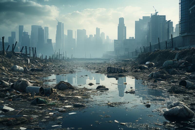 A River with Garbage on the Background of a Modern Big City. Pollution ...