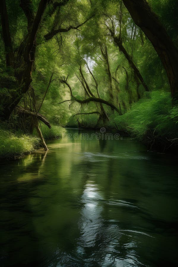 River in Green Forest. Beautiful Summer Landscape with River and Trees ...