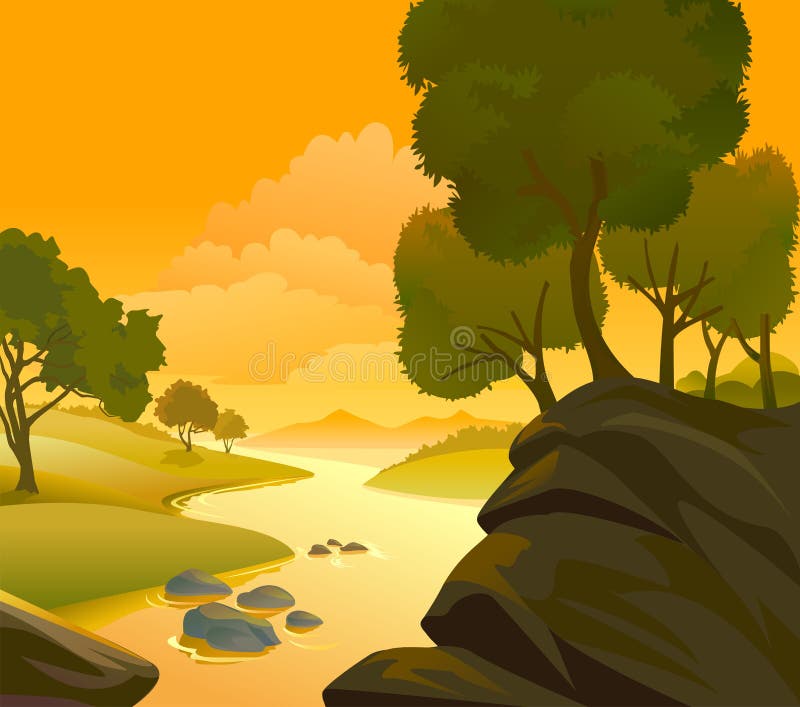 River , Hills and Rocks Landscape Stock Vector - Illustration of bush ...