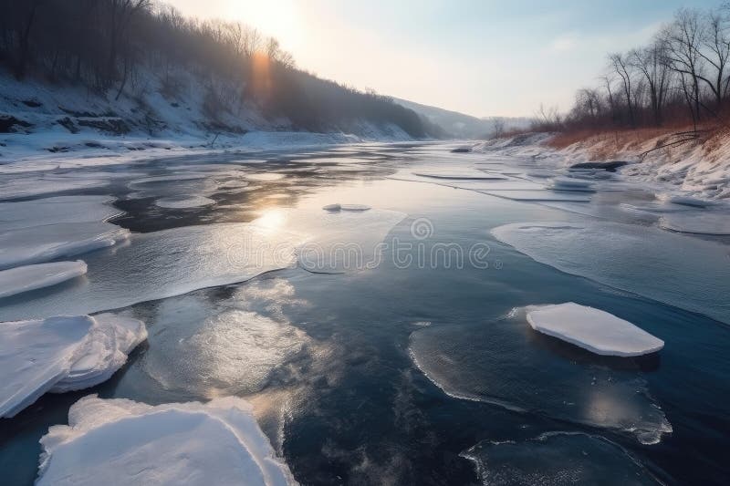 River in Ice with Cracking and Breaking, the Frozen Surface Giving Way ...