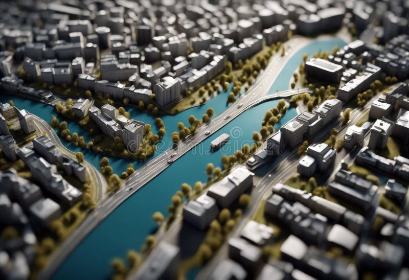 River Illustration 3D City View Building Rendered 3D Road Map Top Stock ...