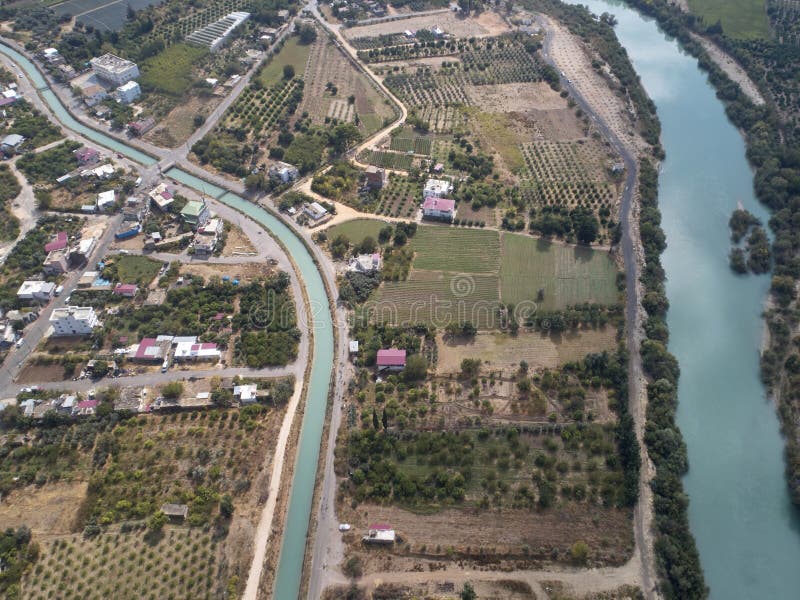 River and Irrigation Canal at the Rural Area. Aerial View Stock Image ...