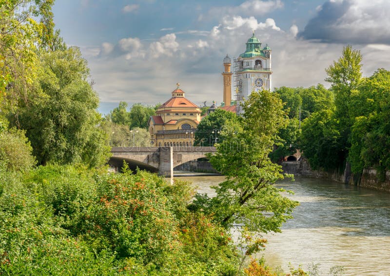 River Isar in Munich stock image. Image of tower, river - 158181641