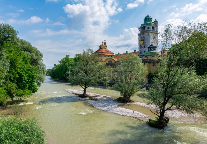 River Isar in Munich stock image. Image of tower, river - 158181641