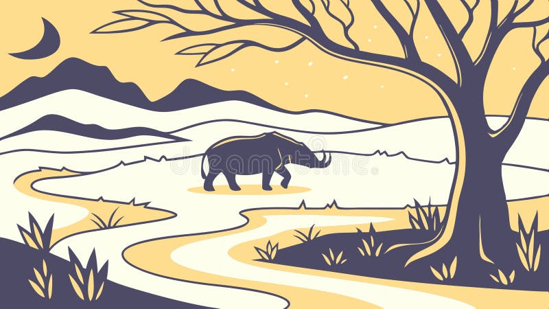 River Journey through Savanna: Elephant in Twilight, Vector Design ...
