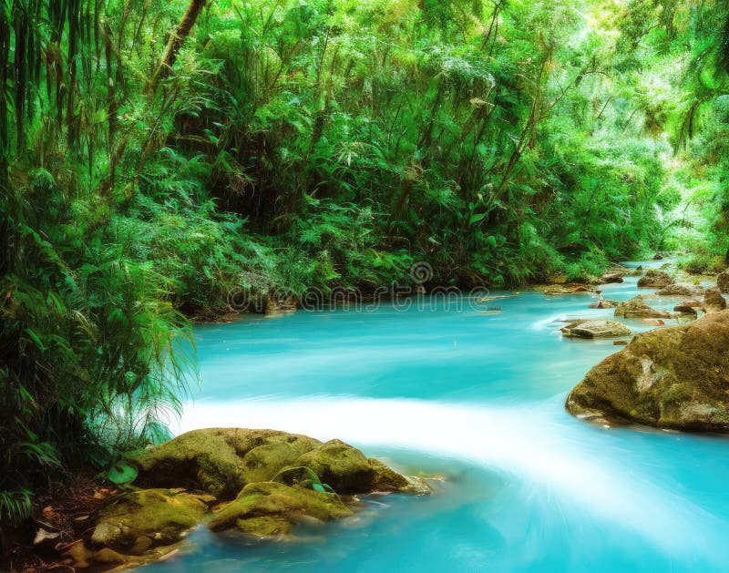 River in the jungle stock illustration. Illustration of green - 274273533