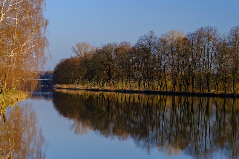 The River, Labe, Cech Republic, with Trees and Bridge Stock Photo ...