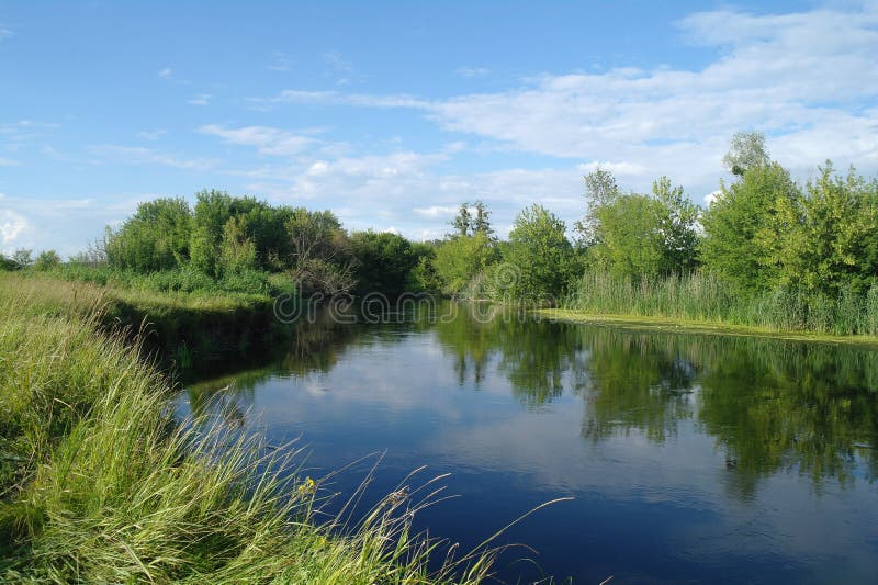 River, Land with Trees and Cloudy Sky Stock Image - Image of natural ...