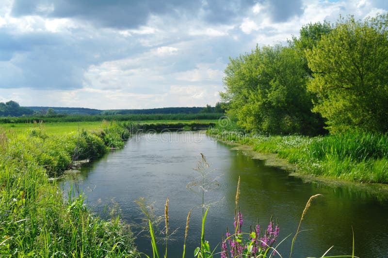 River, Land with Trees and Cloudy Sky Stock Image - Image of outdoor ...