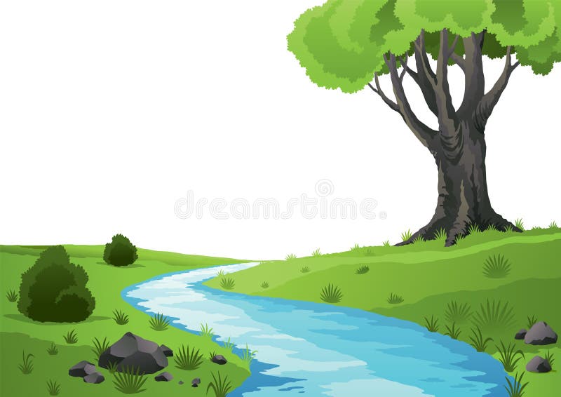 River Landscape with Green Hill, Grass Tree. Beautiful Scene with River ...