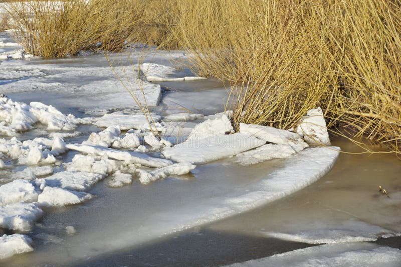 River Landscape Melting Ice on the River of a Puddle Reflection Stock ...