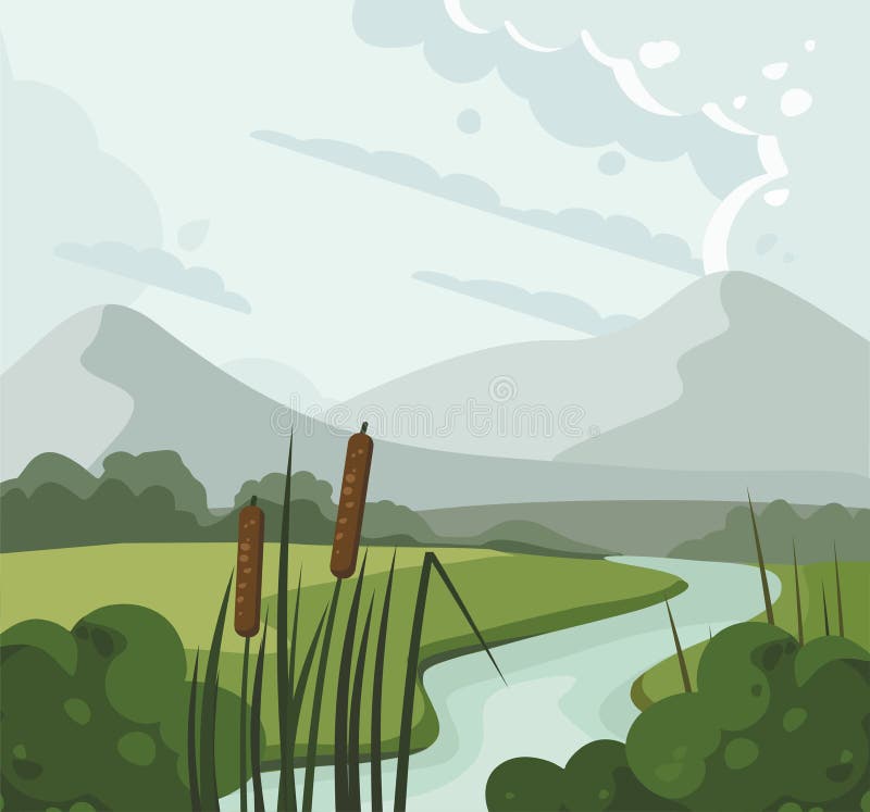 River Landscape with Reed and Hills. Vector Stock Vector - Illustration ...