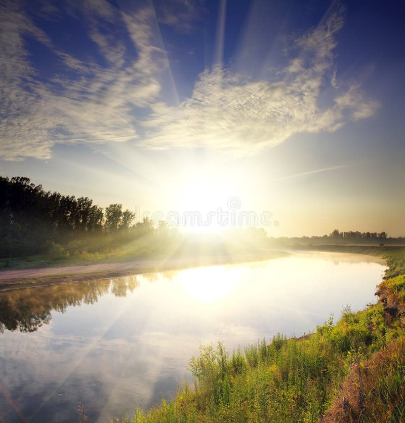 Panorama of a Summer Landscape with Sunrise, Fog and the River Stock ...