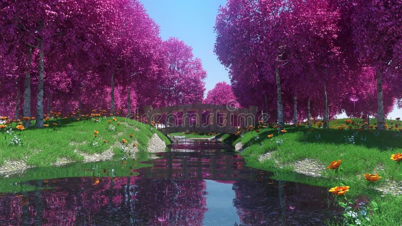 River Landscape with Trees and Flowers Loop Motion Background Stock ...