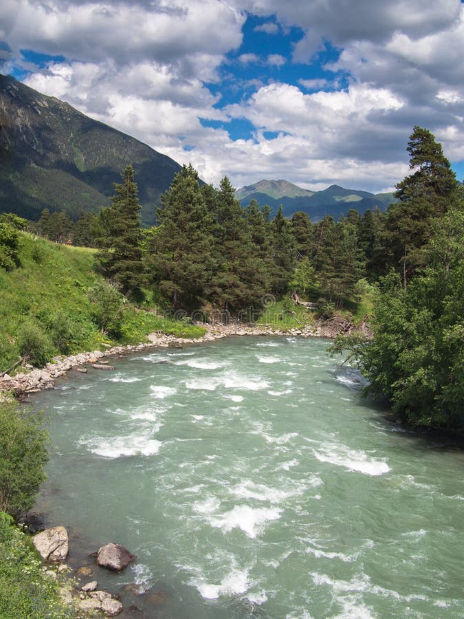 River Landscape with Trees and Mountains Stock Photo - Image of outdoor ...