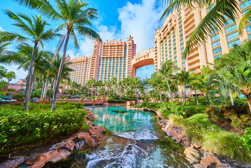 River Landscape in Tropical Resort with Palm Trees and Hotel Stock ...